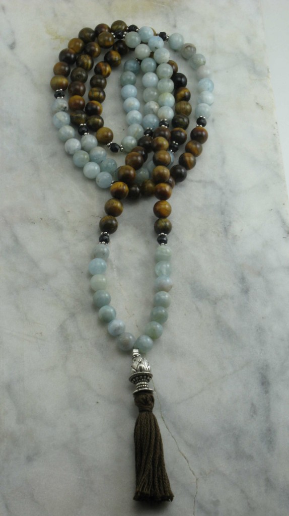Patches of Blue Mala | 108 aquamarine and tiger eye mala beads