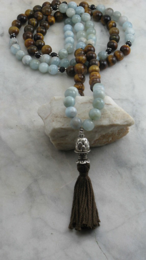 Patches of Blue Mala | 108 aquamarine and tiger eye mala beads