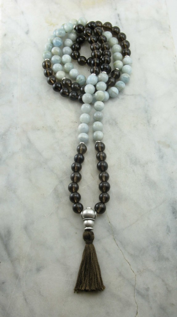 Inner Light Mala | 108 aquamarine and smoky quartz mala beads
