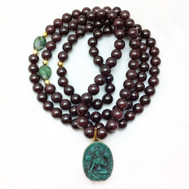 Green Tara Mala | 108 garnet and emerald mala beads, prayer beads