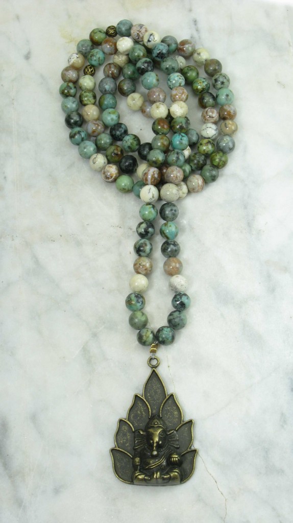 Ganesha Mala Beads | 108 green picture jasper and opal mala beads